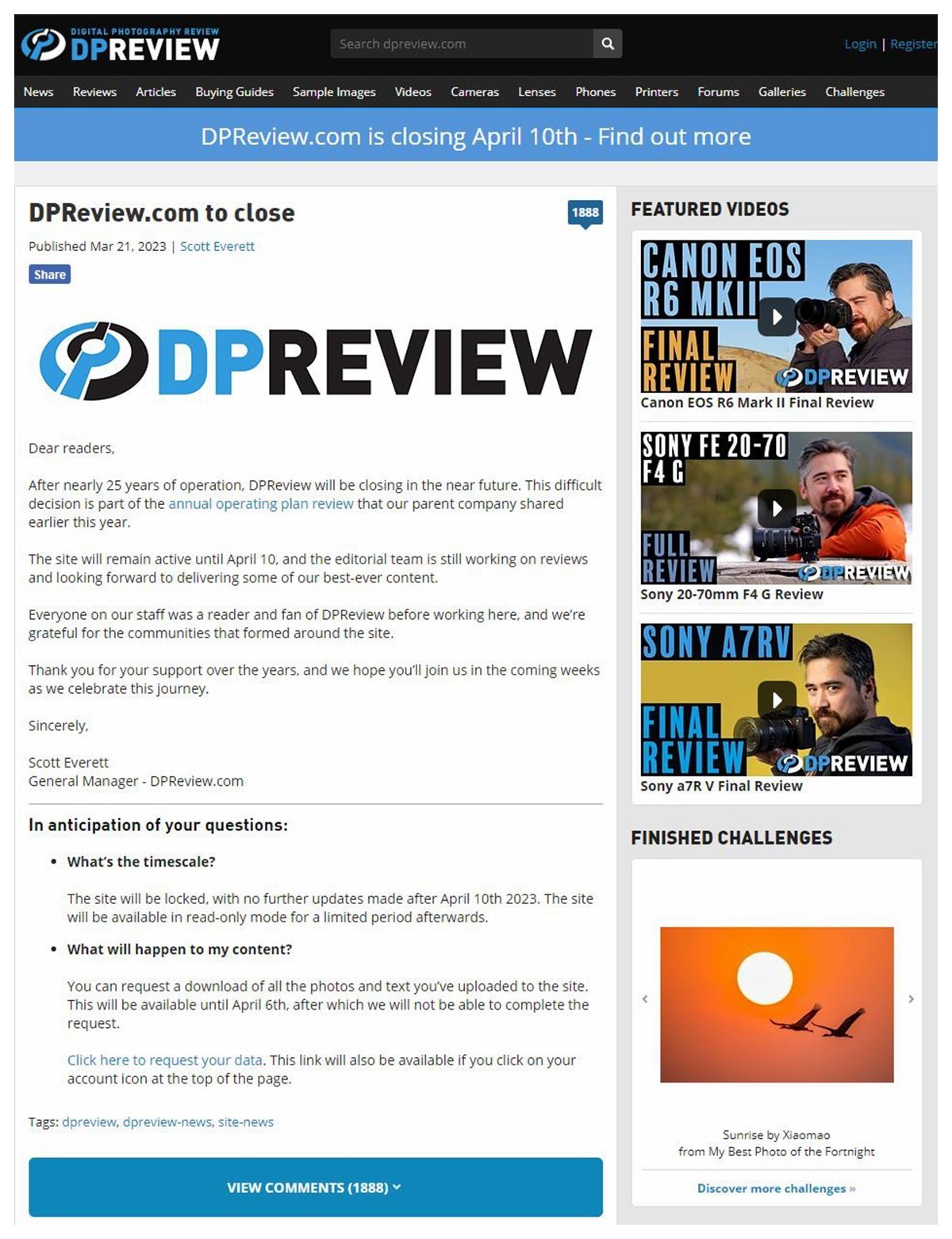 著名的测试网站DPReview首页刊出将于4月10日关闭的通知（胡子哥告别咱们啦）-中关村在线摄影论坛